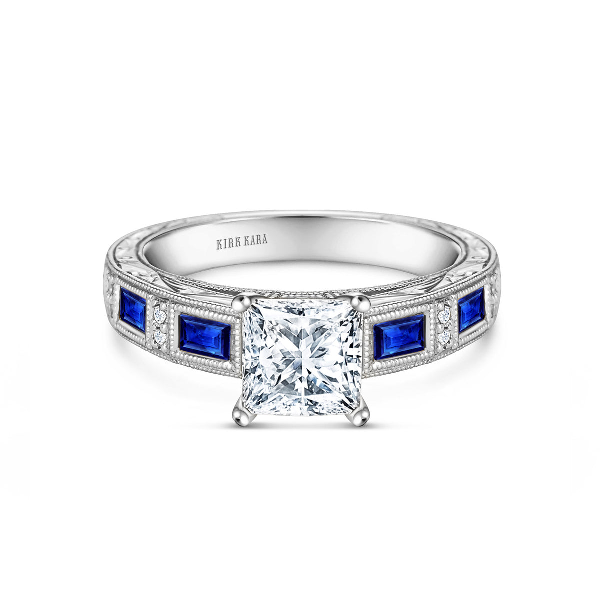 Blue Sapphire Engraved Cathedral Ring with 1ct Princess Certified Lab ...