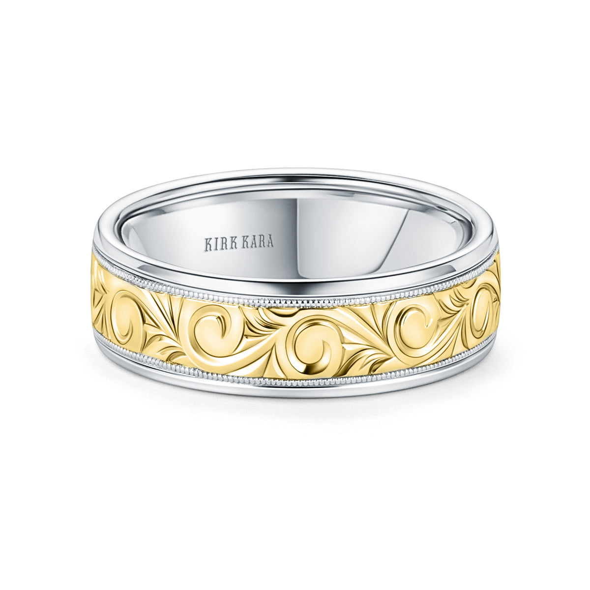 Two-Tone Scroll Engraved Milgrain Wedding Band 7 mm – Kirk Kara